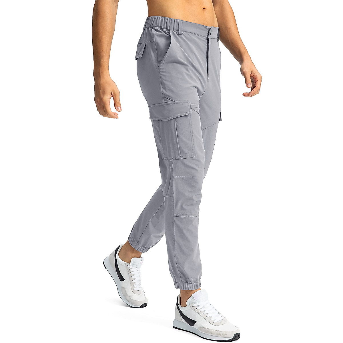 Pinkbomb Men's Hiking Cargo Pants with 7 Pockets Slim Fit Stretch Joggers Golf Cargo Work Pants for Men (Light Grey, M)