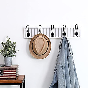 MyGift Farmhouse Wall Mounted White Wood and 5 Black Metal Wire Loop Dual Hooks Coat Rack, Decorative Hangers for Entryway Hats, Bathroom Towels, Closet Clothes