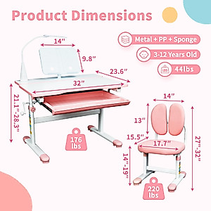 Kids Desk and Chair Set, Height-Adjustable Chair and Desk for Kids, Kid Desk with 3 Modes and 3 Brightness Led Lamps, Childrens Desk with 60° Tilting Tabletop and Extra-Large Storage Drawer (Pink)