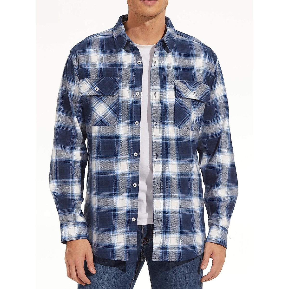 TACVASEN Men's Flannel Shirts Long Sleeve Casual Button Down Regular Fit Plaid Shirts Blue M