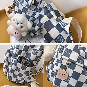 Kawaii Plaid Mini Backpack with Plush Bear Pendant for Girl Small Medium School Bag (Light Blue)