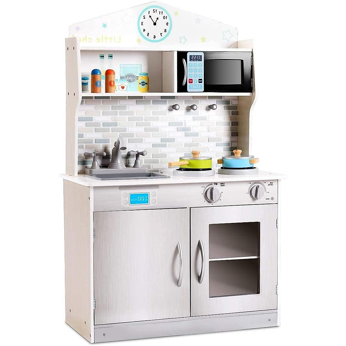 Fireflowery Kids Kitchen Playset, Wooden Cookware Set with Removable Sink, Microwave, Pegs on The Wall, Top Display Shelf, Play Kitchen for Toddlers 3+ (White)