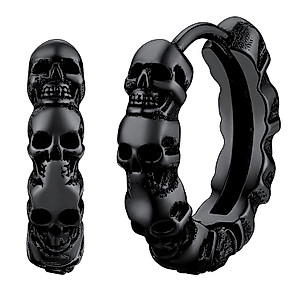 Black Skull Hoops Mens Huggie Circle Hoop Earrings for Man Gothic Punk Jewelry for Rapper Reggae Statement Ear Charms