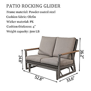 Sports Festival Outdoor Furniture Patio Glider Bench Swing Seating Loveseat with Grey Thick Cushions Rattan Wicker Rocking Chair in Metal Frame for Garden Porch Backyard