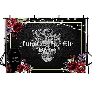 Sendy SENDY 7x5ft Funeral for My Youth Backdrop RIP to My 20s Birthday Photography Background Burgundy Red Flower Skull Tombstone Party Decoration Banner Photo Booth Props