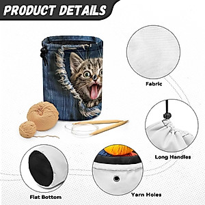 Sellikakes Cute Cat Small Yarn Bag, Canvas Crochet Bag Organizer, Knitting Bag, Yarn Holder for Crochet Beginner,Knitting & Crochet Supplies
