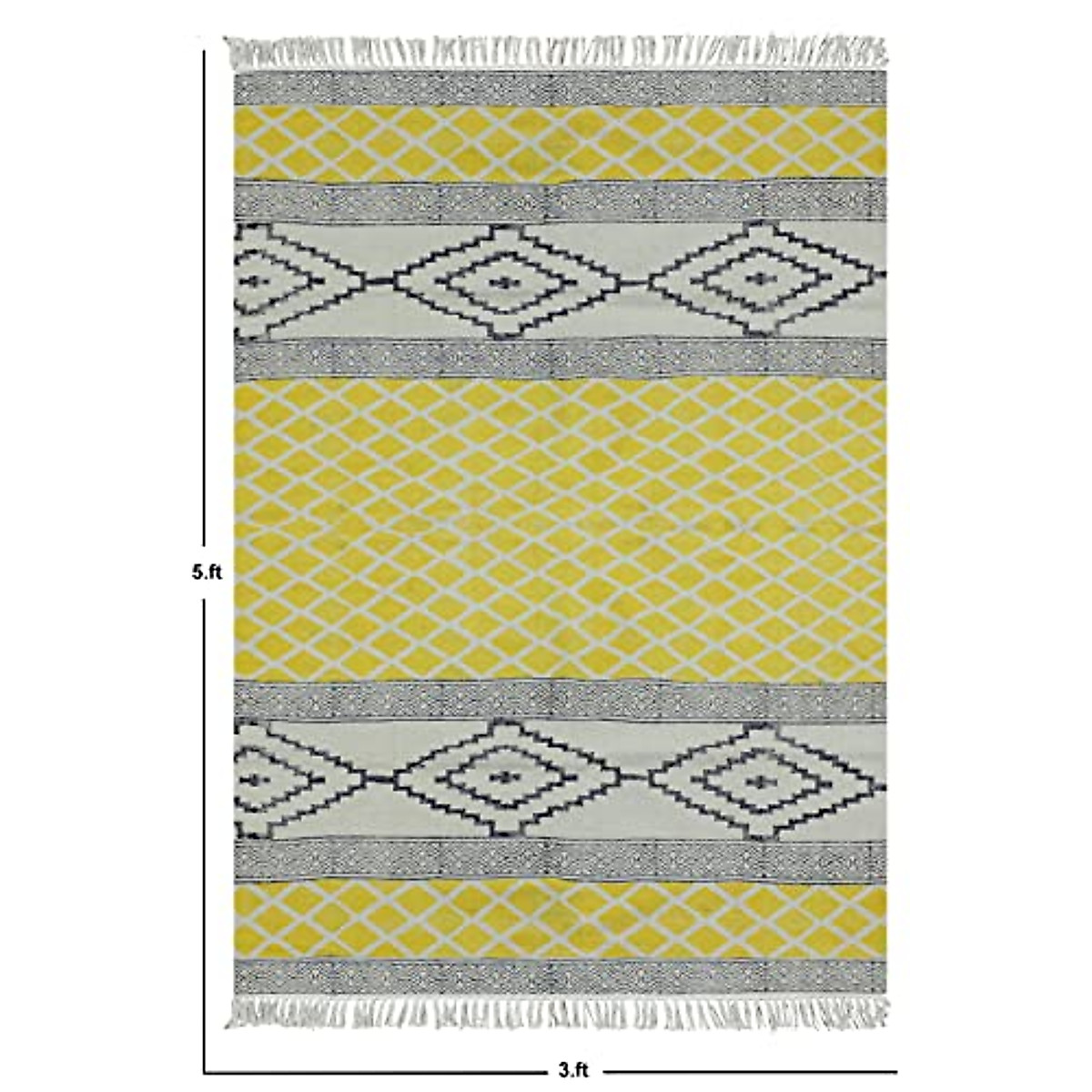 Casavani Hand Made Cotton Dhurrie Geometric Yellow & Black Tassel Rug Easy Care Washable Rugs for Doormat Entryway Living Room Bedroom Hallway Balcony 8x10 Feet