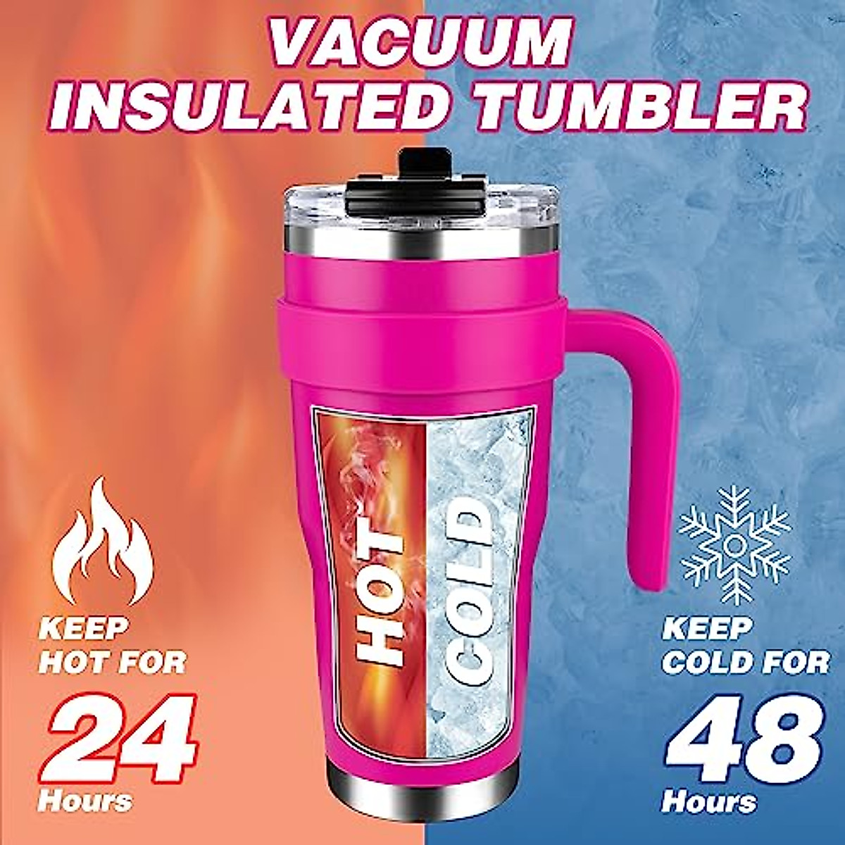 Opreine 32oz Insulated Tumbler with Straw and Handle, Double Wall Vacuum Stainless Steel Tumbler Coffee Mug Cup, Fit for Car Holder, Sweat Proof, Leak Proof, Dishwasher Safe, Hot Pink