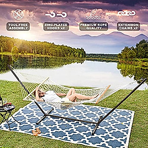 Lazy Daze Hammocks Double Outdoor Hammock with 12 ft Steel Stand, 2 Person Cotton Rope Hammock with Quilted Pad, Spreader Bars, Detachable Pillow, Mag Bag & Cup Holder, Blue Ocean Stripes