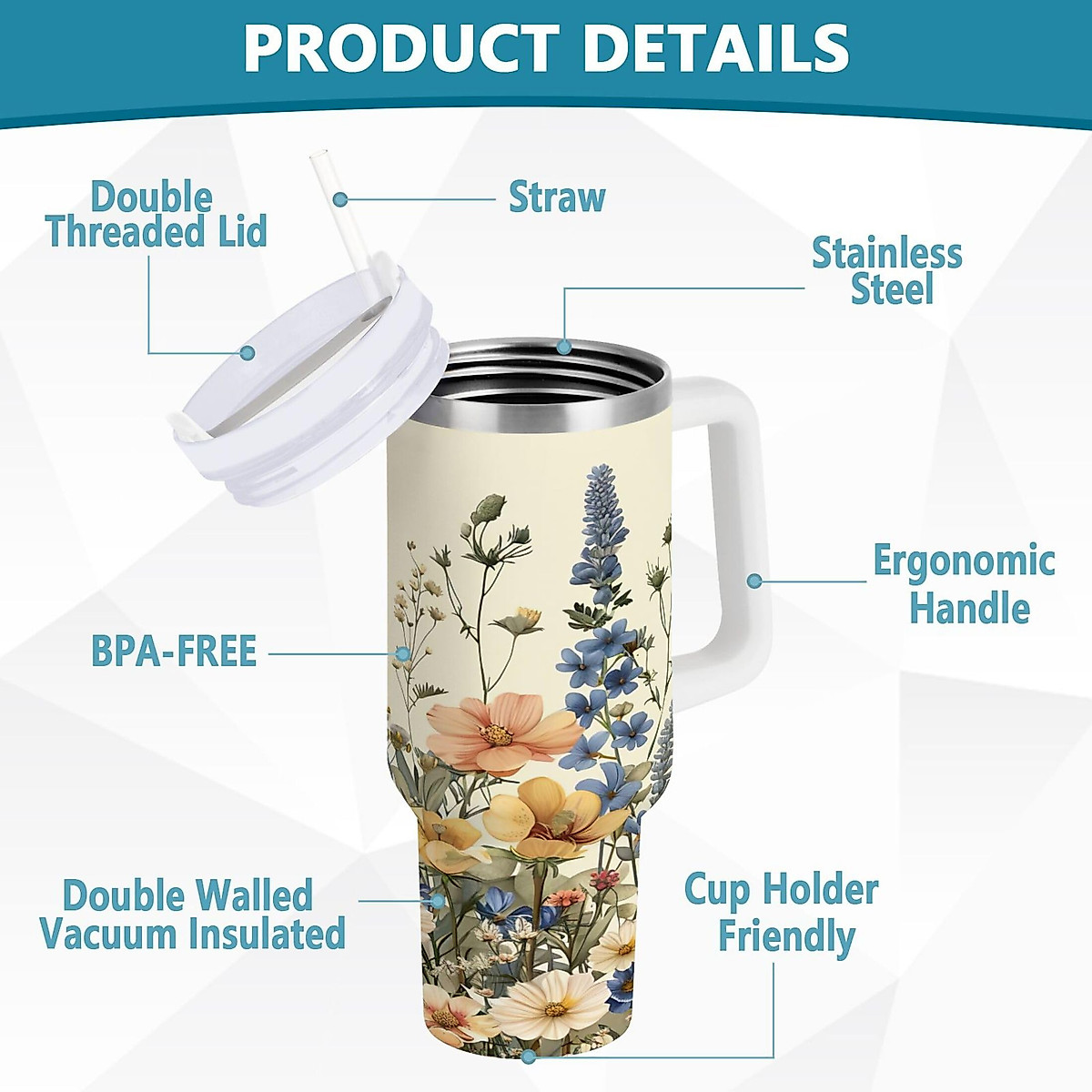 xigua 40 oz Botanical Wildflower Tumbler with Handle and Straw Lid, Stainless Steel Vacuum Insulated Sports Water Bottle, Keeps Cold or Hot Coffee Cup Travel Mug