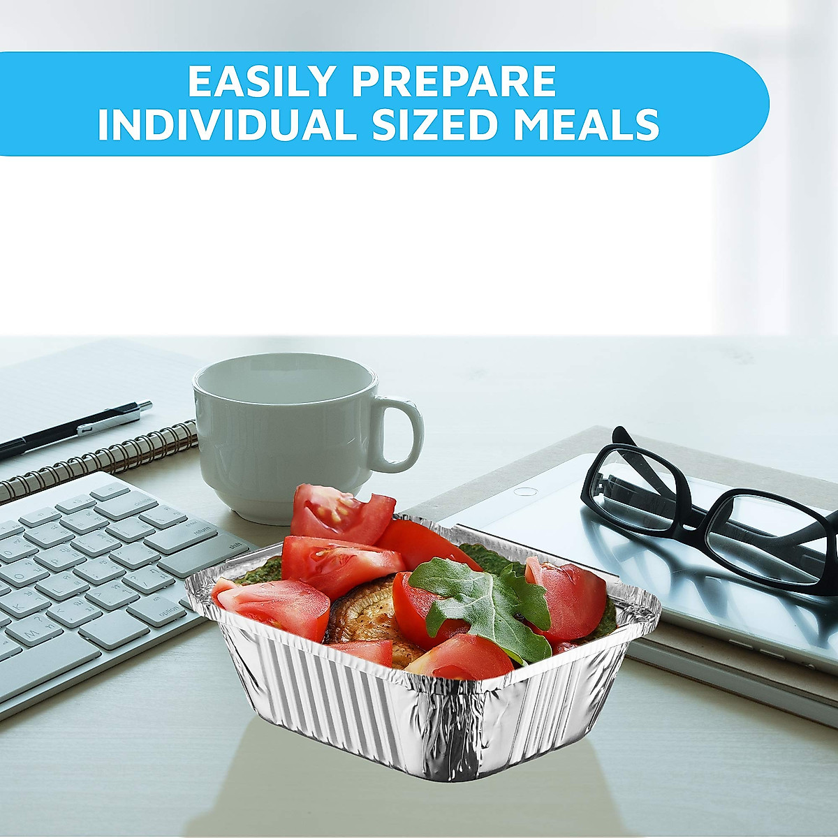 MontoPack Disposable Takeout Pans with Clear Lids | 1lb Capacity Aluminum Foil Food Drip Containers with Strong Seal for Freshness & Spill Resistance | Earth, Eco-Friendly & Recyclable 100Pack 5x4”