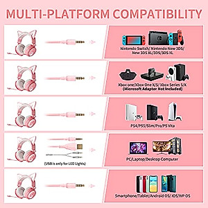 SOMIC GS510 Gaming Headset, Cat Ear Headset PC Gaming Headphones with Retractable Mic Noise Cancelling, Stereo Sound, DIY Face Covers for PC, PS4, PS5, Xbox One (Only White LED Light)