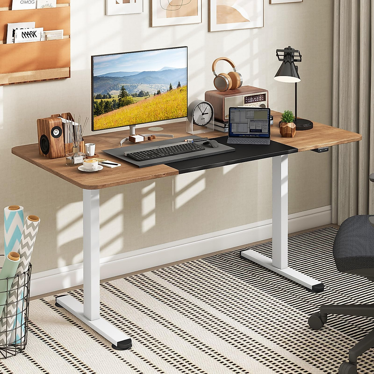 Tangkula 55 x 28 Inch Large Electric Standing Desk, Height Adjustable Sit to Stand Desk with Powerful Motor & Anti-Collision Design, Ergonomic Stand Up Workstation with Metal Frame, Home Office Desk