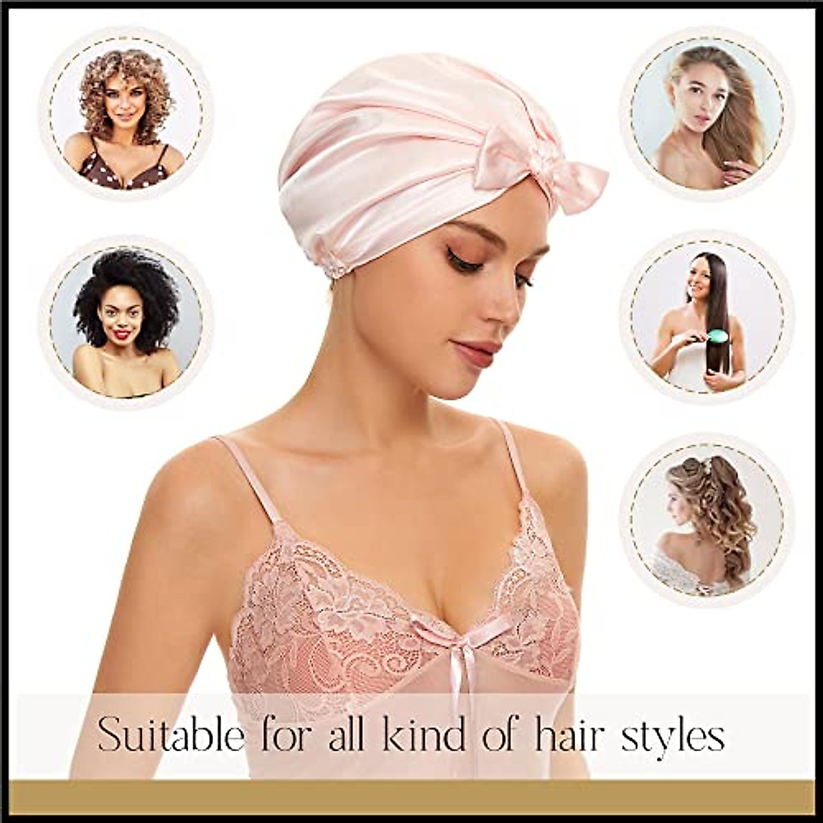 ennva 22 Momme 100% Silk Sleep Cap 2-Layered Night Hair Bonnet - Sleeping Cap for Curly Hair -Head Wrap for Maximum Moisture Pink