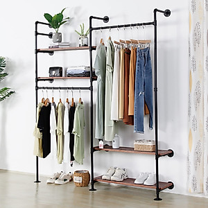 EDCB Industrial Pipe Double Hanging Rods Clothing Rack with 4 Tier Shelves, Heavy Duty Garment Rack Display Rack On Wall for Hanging Clothes Retail Display, Black