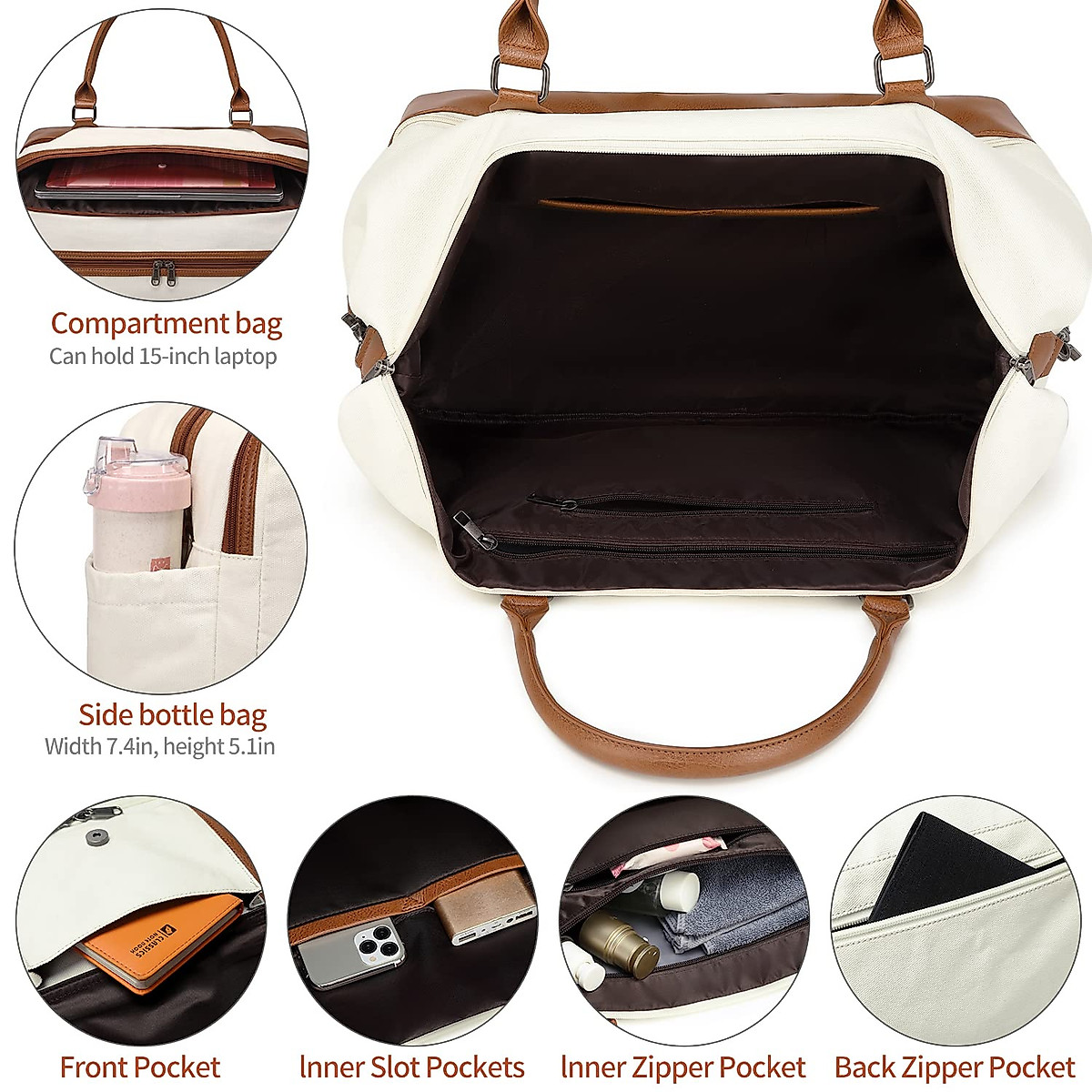 BOVIP Weekender Bag Overnight Bag Large Canvas Travel Bag Duffel Bag with Shoe Compartment Carry On Tote for Women 3-IN-1 Beige Set