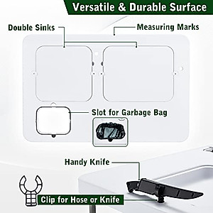 Avocahom Folding Fish Cleaning Table Portable Camping Sink Table w/Dual Water Basins, Faucet Drainage Hose & Sprayer Outdoor Fish Fillet Cleaning Station w/Knife