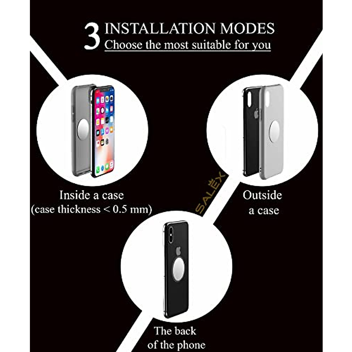 SALEX Replacement Metal Plates Set with Matte Circles. Kit of 18 Round Iron Discs Without Holes for Magnetic Car Phone Holders, Wall & Air Vent Mounts, Cases, Magnets. 3M Adhesive Backing. 18 Pack