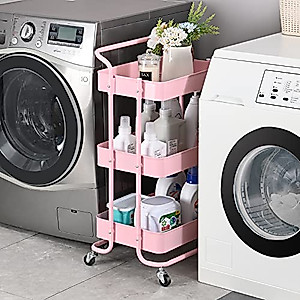 TOOLF 3 Tier Metal Rolling Cart, Utility Cart with Handle, Multifunction Storage Cart with Lockable Wheels, Serving Organizer Trolley with Mesh Basket for Kitchen, Bathroom, Office