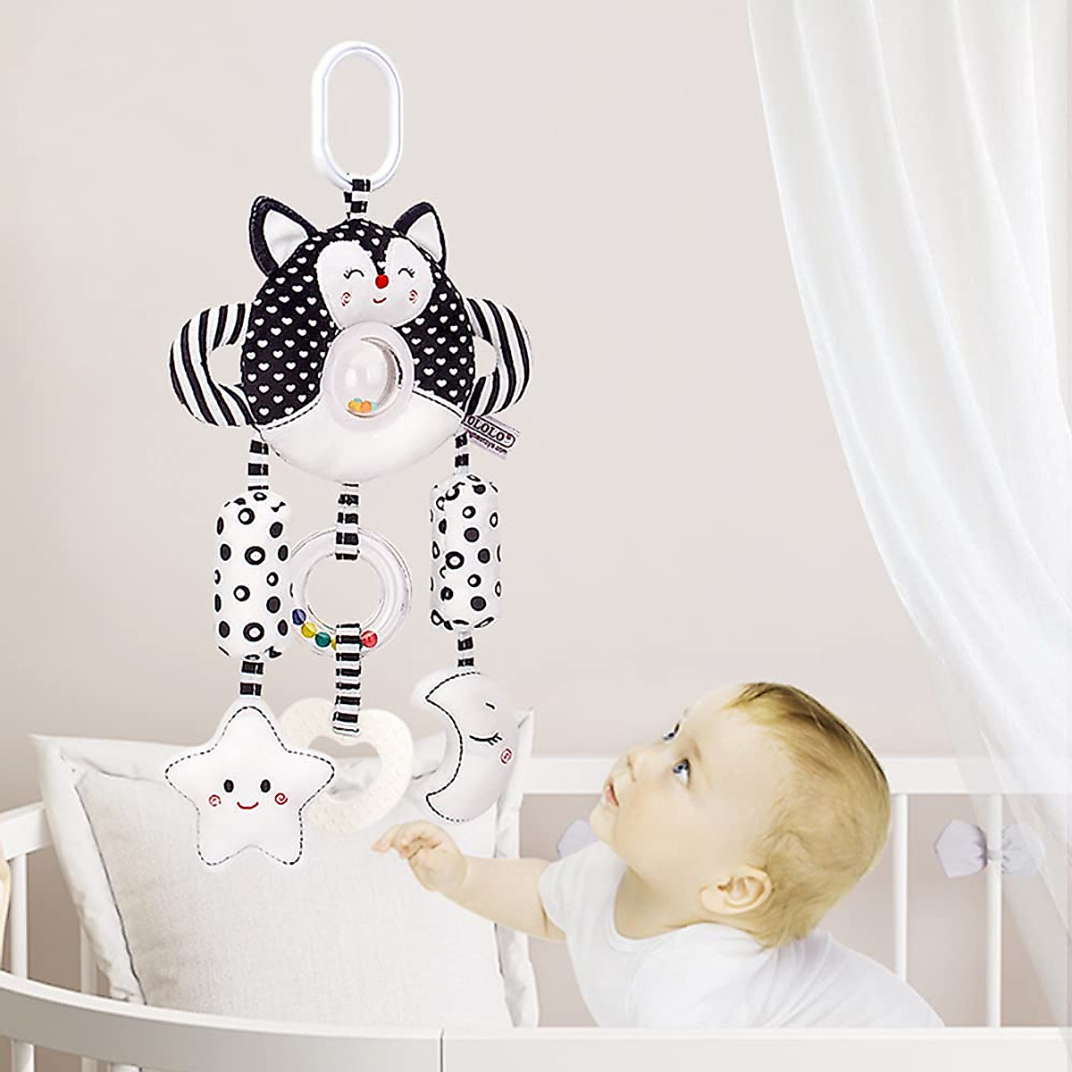 D-KINGCHY Baby Stroller Hanging Toy, Baby Toys 0-12 Months, Infant Toys Soft Plush Car Seat Toys with Teether Sound Wind Chimes, Black and White Toys for 0, 3, 6, 9, 12 Months (Fox)