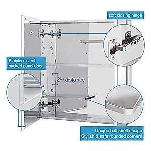 Fundin Stainless Steel Medicine Cabinet, Bathroom Mirror Cabinet, Surface Mount and Recess Mount, 23.6 x 25.6 inch, with Unique Half-Shelves for Greater Storage adjustability