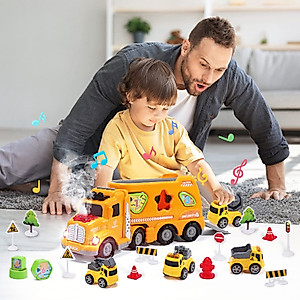 HOLY Fun 5 in 1 Construction Truck Toy Set, Transport Carrier Truck with Spray Sound& Light, 4 Small Engineering Mixer Excavator Crane Dump Car, Friction Power Truck Set, Early Learning Gift for Kids