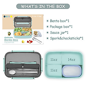 Sunhanny Bento Box Adult Lunch Box, Bento Lunch Box Containers, 50-oz Bento Box for Kids with Compartments, Sauce Container, Chopsticks and Spork, Green