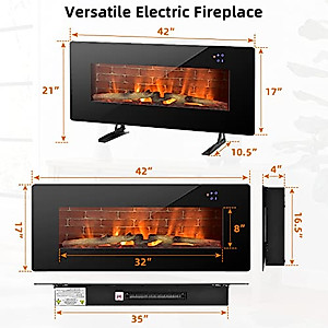 Tangkula 42 Inches Electric Fireplace, Freestanding & Wall-Mounted Electric Heater, 1400W Electric Fireplace with Timer, Remote Control, Touch Screen, 7 Flame Colors, Overheating Protection