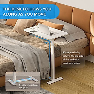 FLEXISPOT Medical Adjustable Overbed Bedside Table with Wheels Pneumatic Mobile Standing Desk Laptop Desk Rolling Computer Cart Movable Overbed Table Hospital Home Use(27.6" W x 15.7" D, White Table)