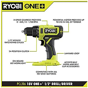 RYOBI ONE+ 18V Cordless 1/2 in. Drill/Driver (Tool Only) PCL206B (Renewed), Black Green