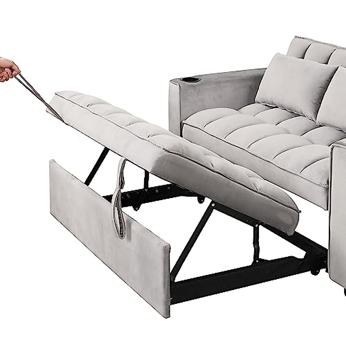 FULife 58" Convertible Sofa Couch with Pull-Out Sleeper,Adjustable Loveseat Armchair Single Bed Chair with Cup Holder,USB Port,Side Pocket&Pillows for Living Room/Apartment/Office/Studio/Small Place