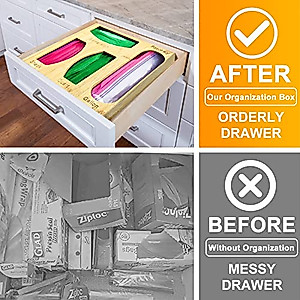 Ziplock Bag Organizer,Bamboo Plastic Bags Container Boxs Dispenser With Lid For Kitchen Drawer,Can Wall Mount And Stand Suitable For Food Sandwich Gallon Baggie Quart Snack Variety Size Bag(Brown)