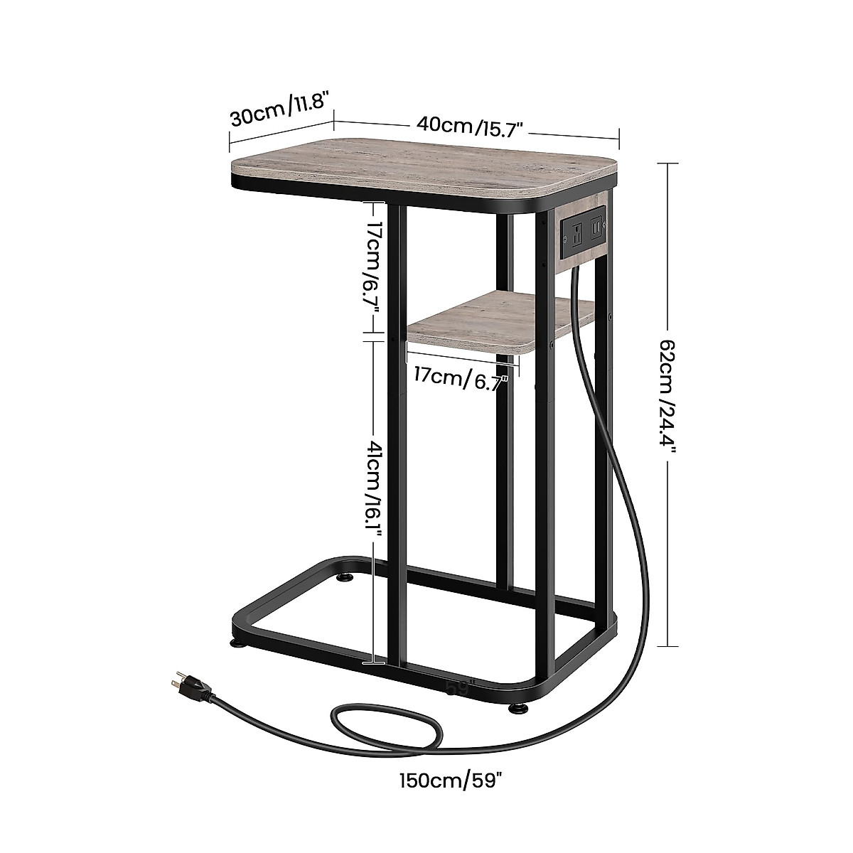 CHOEZON C-Shaped Side Table, Small End Table with Charging Station, Sofa Side Table for Couch with Outlet and USB Ports, for Small Spaces, for Bedroom, Living Room, Greige and Black TSF02UBH
