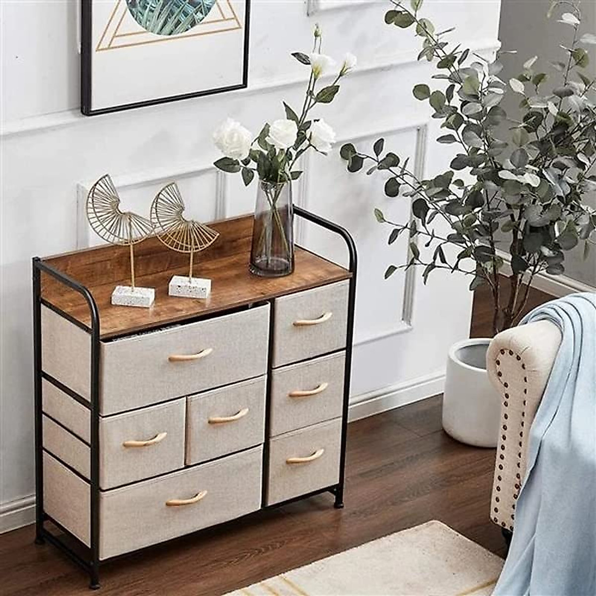 ZSEDP 7 Drawer Non-Woven Fabric Organizer Cabinet for Living Room Storage Tower for Hallway Entryway Closets Wood Top Handle (Color : Black)