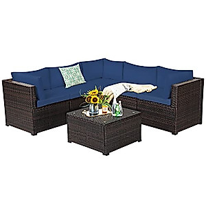 DORTALA 6PCS Rattan Patio Sectional Sofa Conversation Set, Outdoor Rattan Sofa Set w/Cushions, Multiple Combinations Conversation Set for Porch Garden Poolside Balcony, Navy