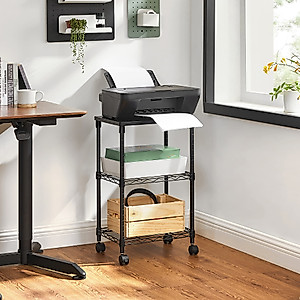SONGMICS 3 Tier Printer Stand, Printer Table with Wheels, Rolling Printer Cart, Printer Desk with Metal Frame for Home Office, 16.1 x 12.2 x 26.8 Inches, Black ULGR303B01