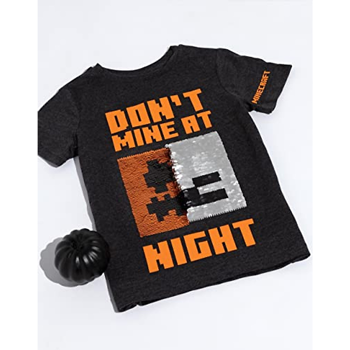 Minecraft Boys Halloween T-Shirt | Kids Dark Grey Flip Sequin Pumpkin Creeper Villains Tee | Skeleton Seasonal Costume Top