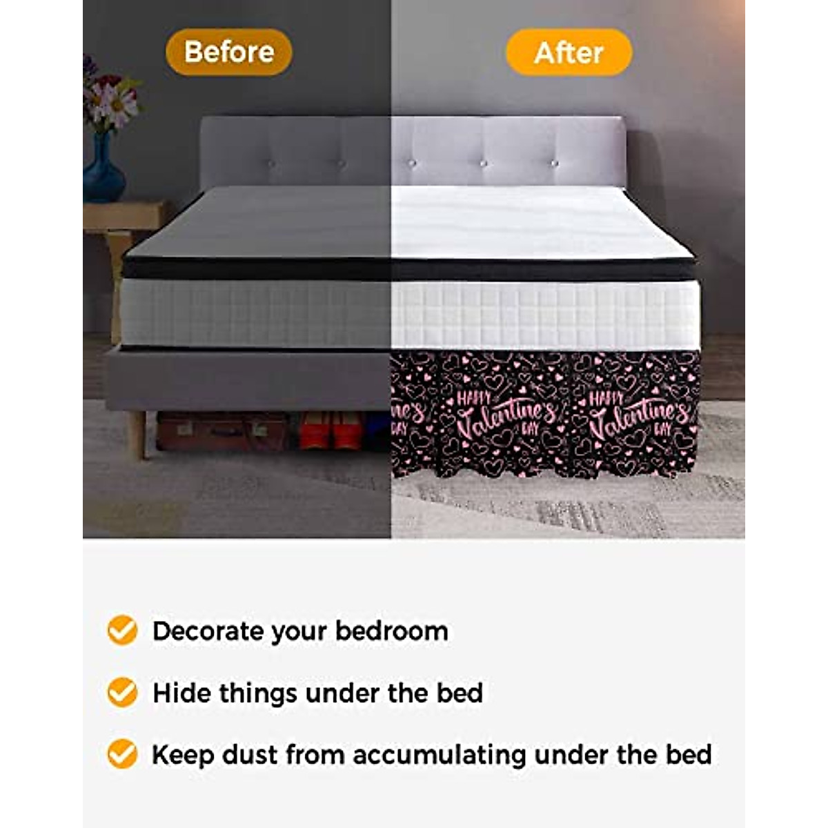 Valentine's Day Bed Skirt King Size 16 Inch Drop, Adjustable & Elastic Wrap Around Bed Skirts Pleated Luxury Dust Ruffles for Twin Full Queen Cal King Base Bed, Pink Black Romance Love Heart