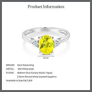 Gem Stone King 1.66 Ct Oval Canary Mystic Topaz White Created Sapphire 10K White Gold Ring (Size 5)