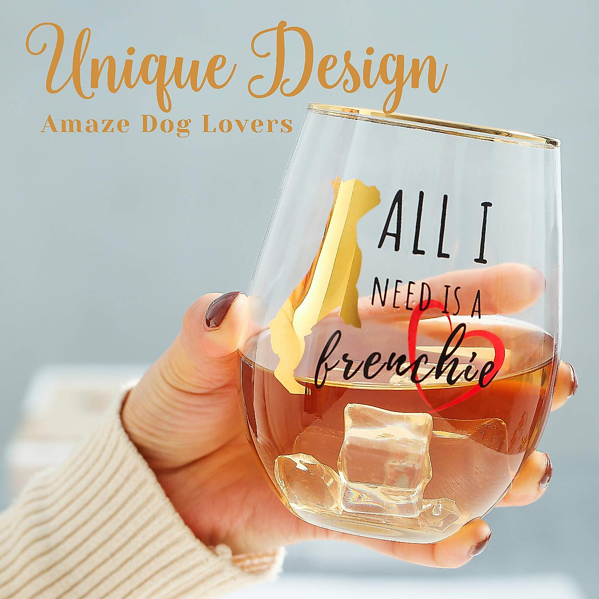 Onebttl French Bulldog Gifts for Women, Frenchie Gifts for Frenchie Mom, 17 oz Stemless Wine Glass - All I Need is a Frenchie