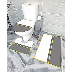 Modern Grey Bathroom Rugs Mat Sets 3 Piece, Bath Shower Rugs with U-Shaped Contour Toilet Mat, Geometry Abstract Yellow Stripes White Art Large Absorbent Bathtub Runner Rugs Floor Mats