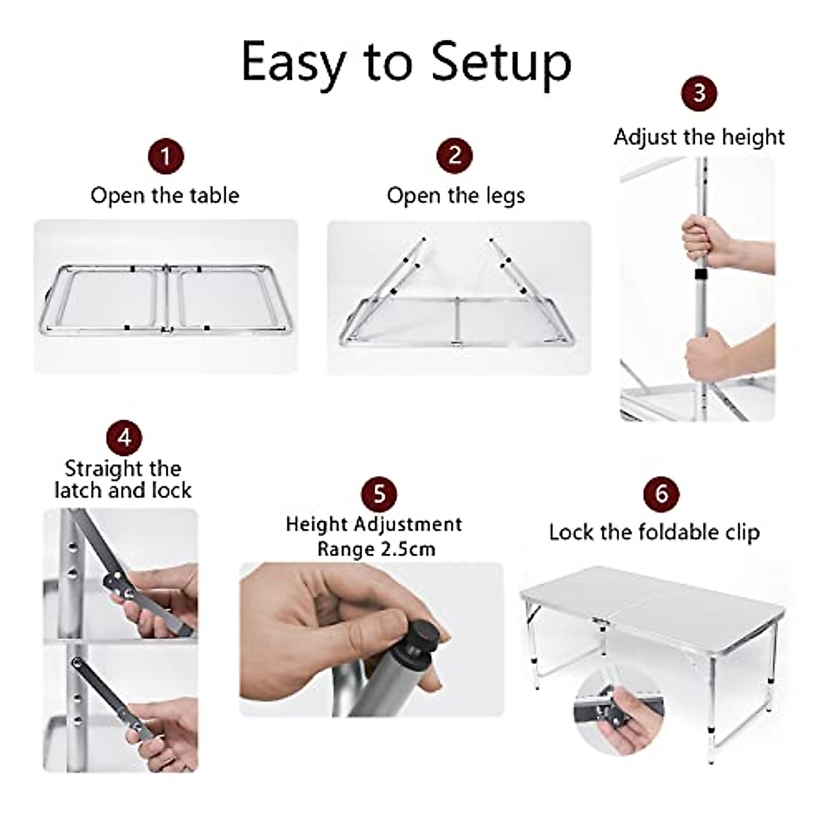 Moosinily Folding Camping Table, 4 Ft Aluminum Folding Table, Picnic tablee with Handle, Adjustable Portable Camp Table for Picnic, BBQ, Party, Beach/White