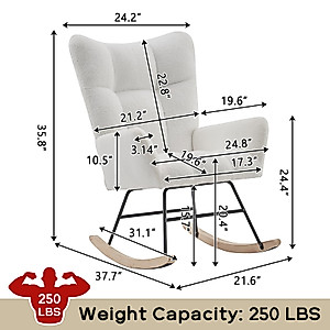 Sudwesto Modern Nursery Rocking Chair, Upholstered Glider Chair with High Backrest, Rocker Accent Armchair with Solid Wood Legs for Nursery Bedroom Living Room (Cold White Teddy)