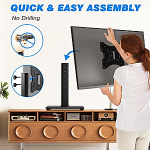 Rfiver Universal Swivel Tabletop TV Stand for Flat Screens 23 24 26 32 39 40 42 43 Inch, Heavy Duty Center Pedestal Stand Replacement with Black Tempered Glass Base and Height Adjustable Mount