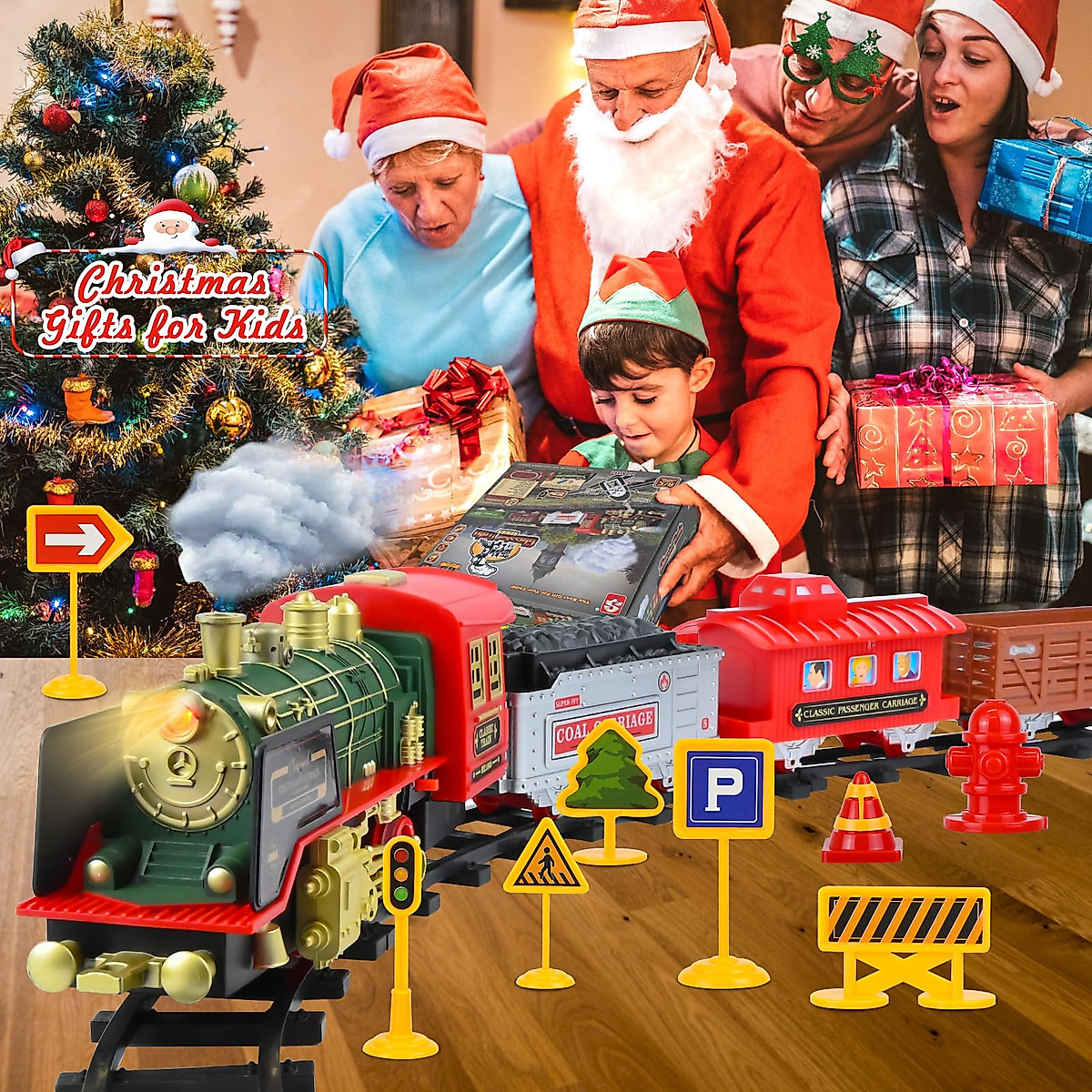 Neragron Remote Control Train Set, Christmas Electric Train Set with Steam, Sound & Light, Kids Train Track with Rechargeable Battery, Christmas Toy Train Gifts for Age 3 4 5 6 7 8 Years Old Kids