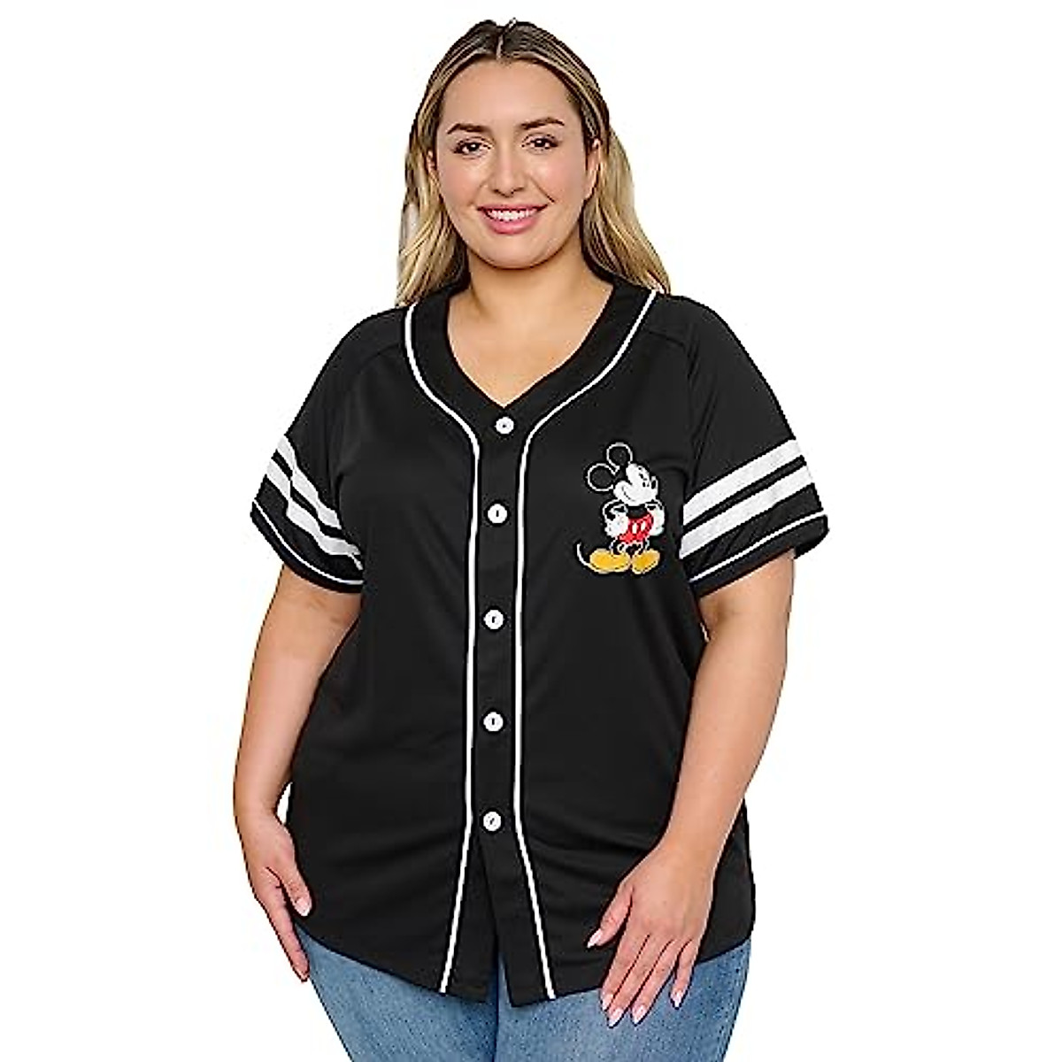 Disney Mickey Mouse 28 Womans Jersey Shirt Button (Black, XX-Large)