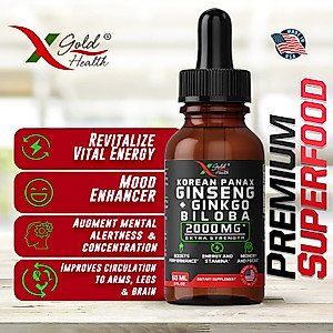 Korean Red Panax Ginseng 2000mg + Ginkgo Biloba Extra Strength Root Extract Supplement for Men & Women,High Ginsenosides, 2 fl oz Natural Advanced Liquid Extract for Energy, Performance & Focus