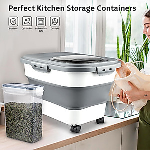Komzon Rice Storage Containers, Collapsible 20 to 30Lbs Food Storage Bin Dispenser with Rolling Wheel and Clear Airtight Lid, BPA Free Flour, Sugar, Cereal and Dog Cat Pet food Containers