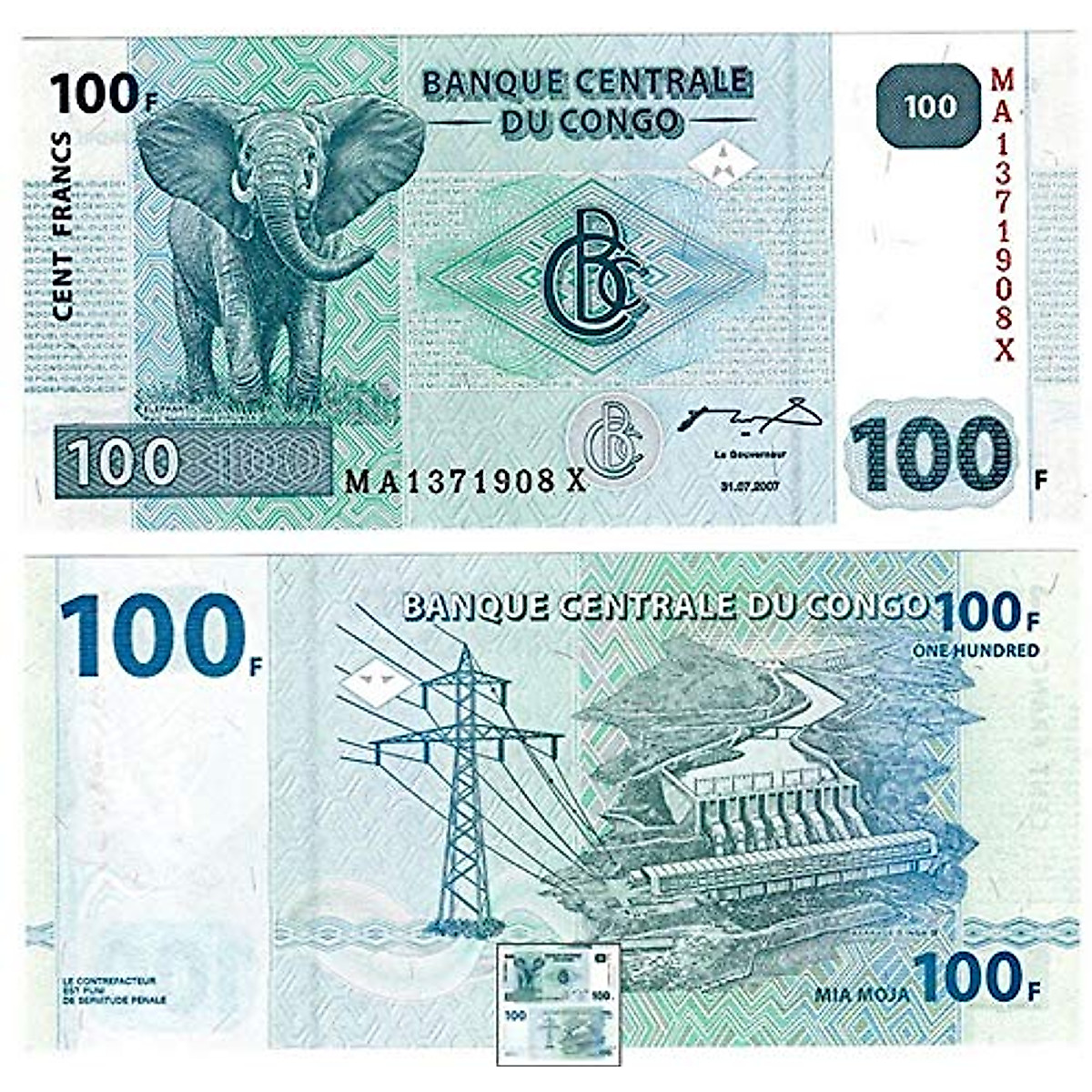 2007 CG (FOREIGN CURRENCY) LOVELY FRENCH CONGO 100 FRANC BILL w GIANT ELEPHANT! BEAUTIFUL PASTEL COLORS! 100 FRANCS Gem Crisp Uncirculated