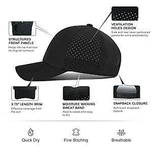 VOBOOM Men Quick Dry Baseball Cap Laser Cut Mesh Ball Cap Curved Brim Snapback Hat (Black)